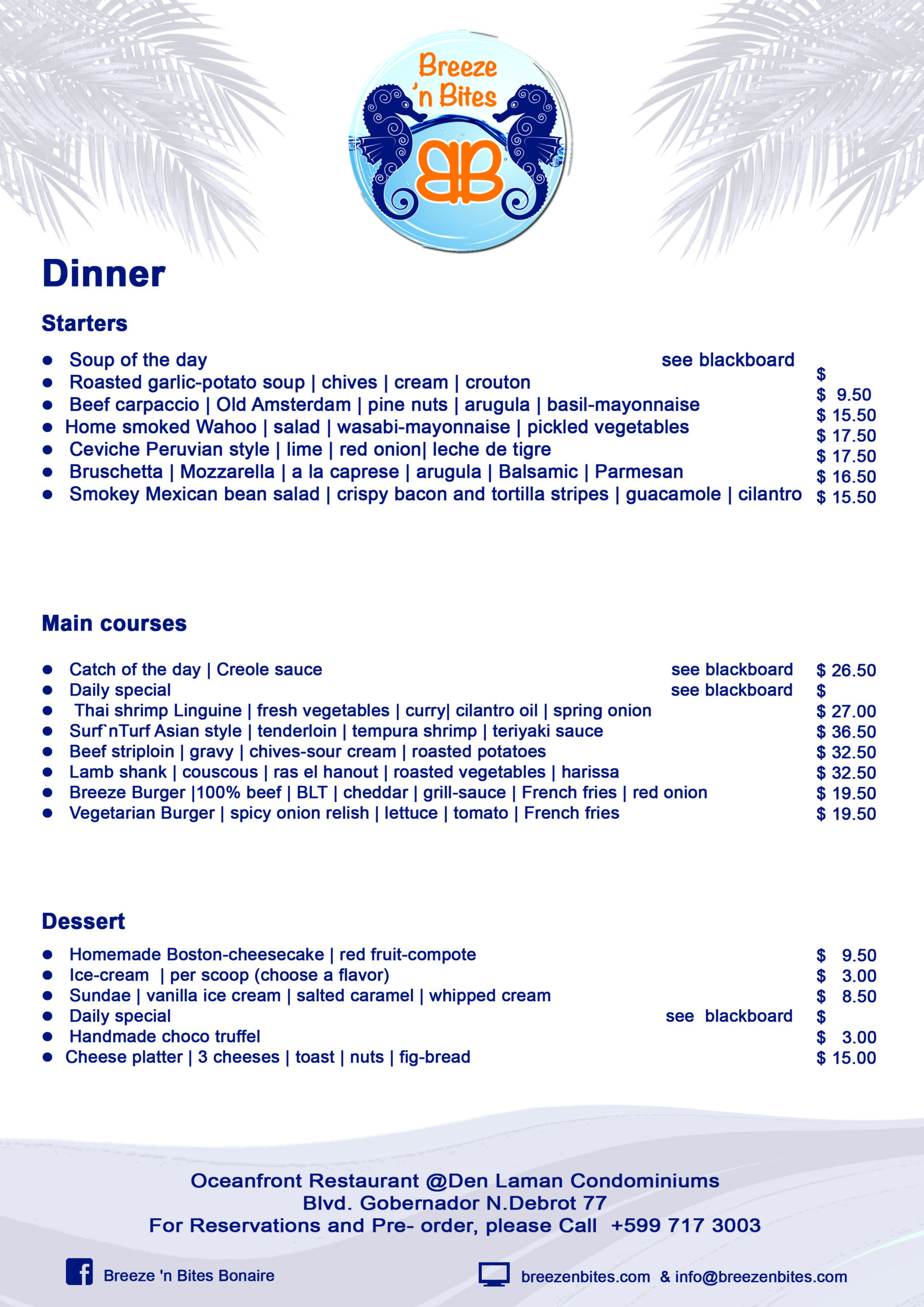 Dinner menu march 24 Breez & Bites Bonaire - Breeze 'n Bites